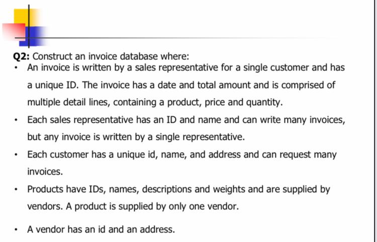 Solved Q2: Construct an invoice database where: • An invoice | Chegg.com