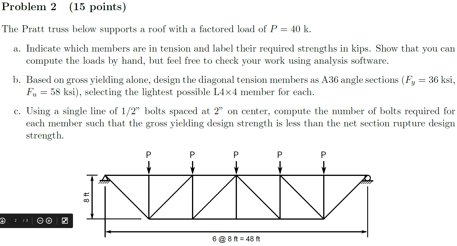 Solved Problem 2 (15 points) The Pratt truss below supports | Chegg.com