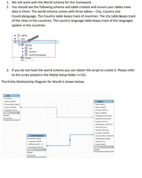 Solved 1. We will work with the World schema for this | Chegg.com