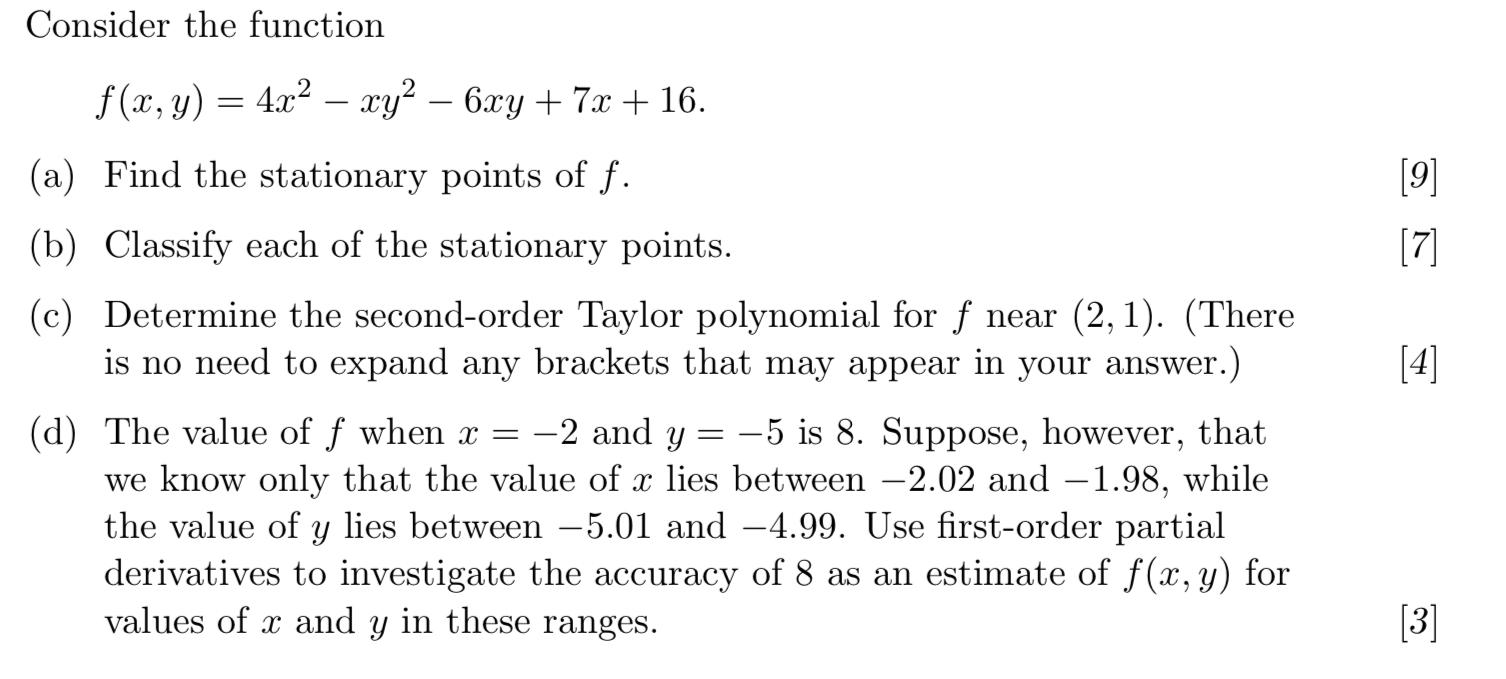 Solved Consider the function f(x, y) = 4x2 - xy2 – 6xy + 7x | Chegg.com