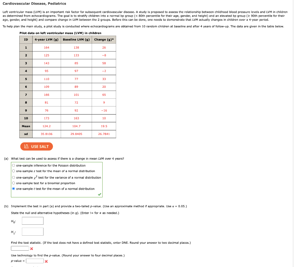 Solved Pilot data on left ventricular mass (LVM) in children | Chegg.com
