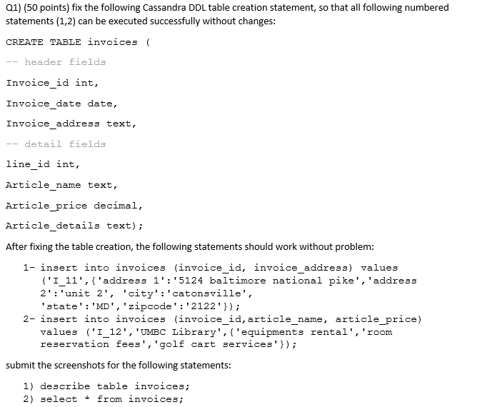 01) (50 points) fix the following Cassandra DDL table | Chegg.com