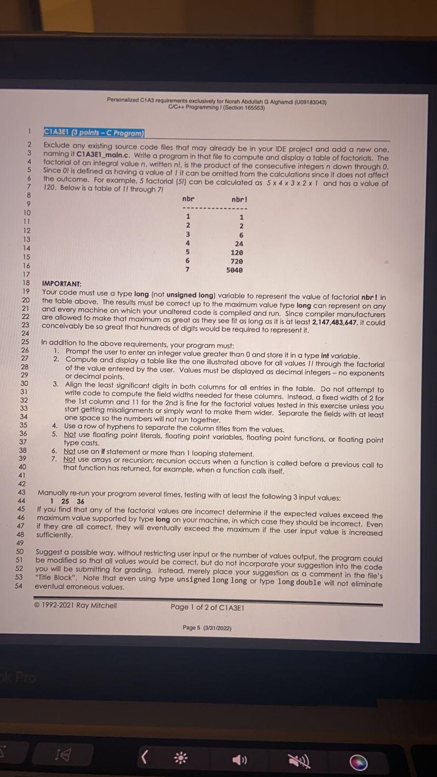 Solved Personalized C1A3 requirements exclusively for Norah | Chegg.com