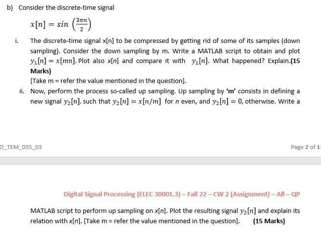 Solved b) Consider the discrete-time signal x[n]=sin(23πn) | Chegg.com