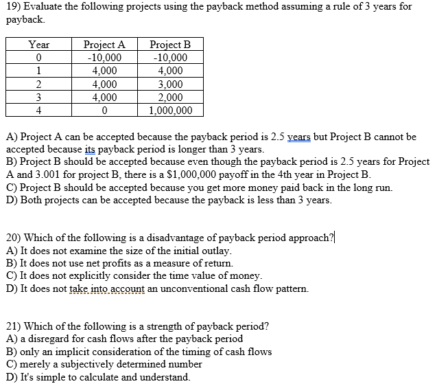 Solved 19) Evaluate the following projects using the payback | Chegg.com