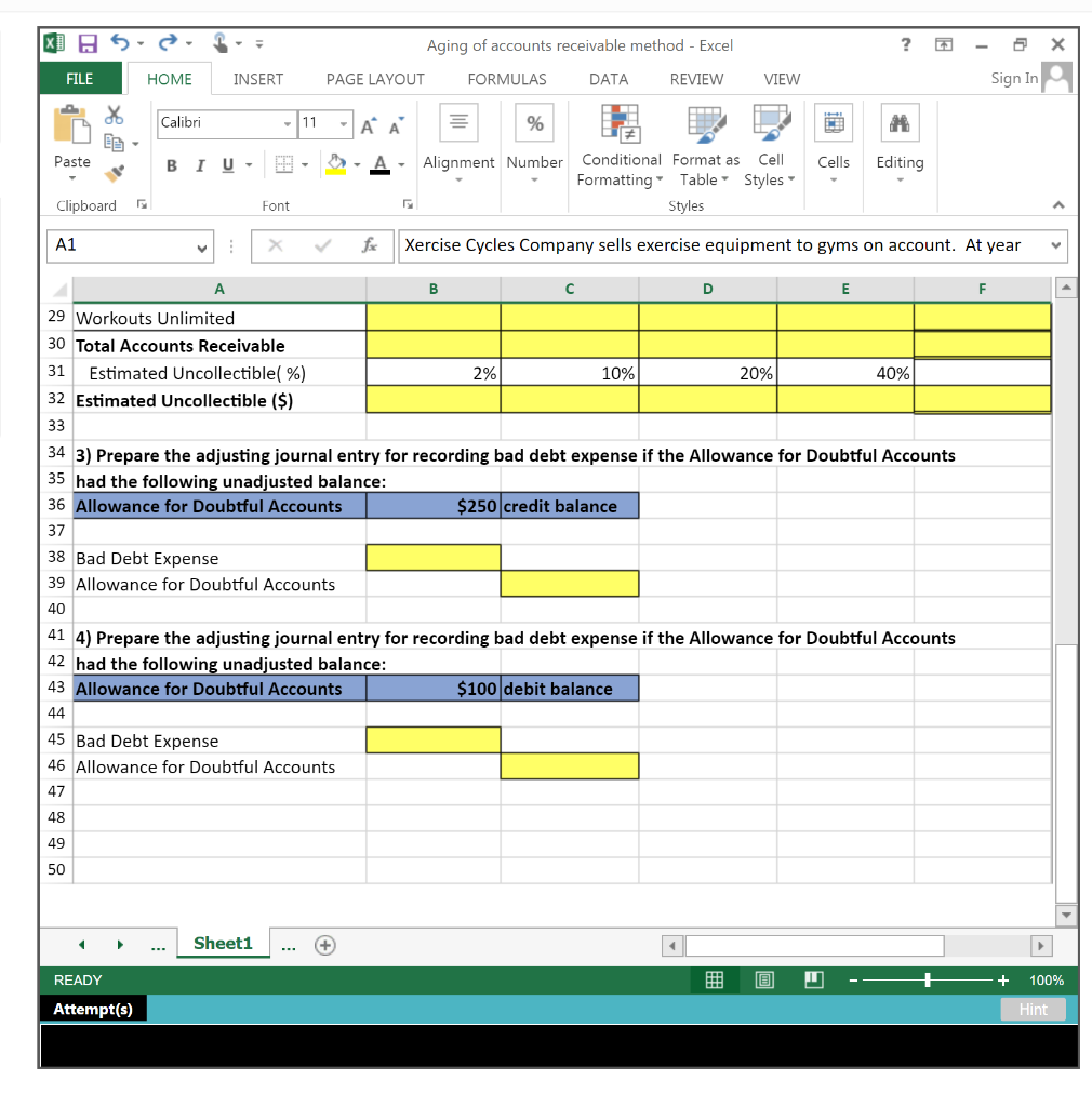 Solved x Aging of accounts receivable method - Excel ? x | Chegg.com