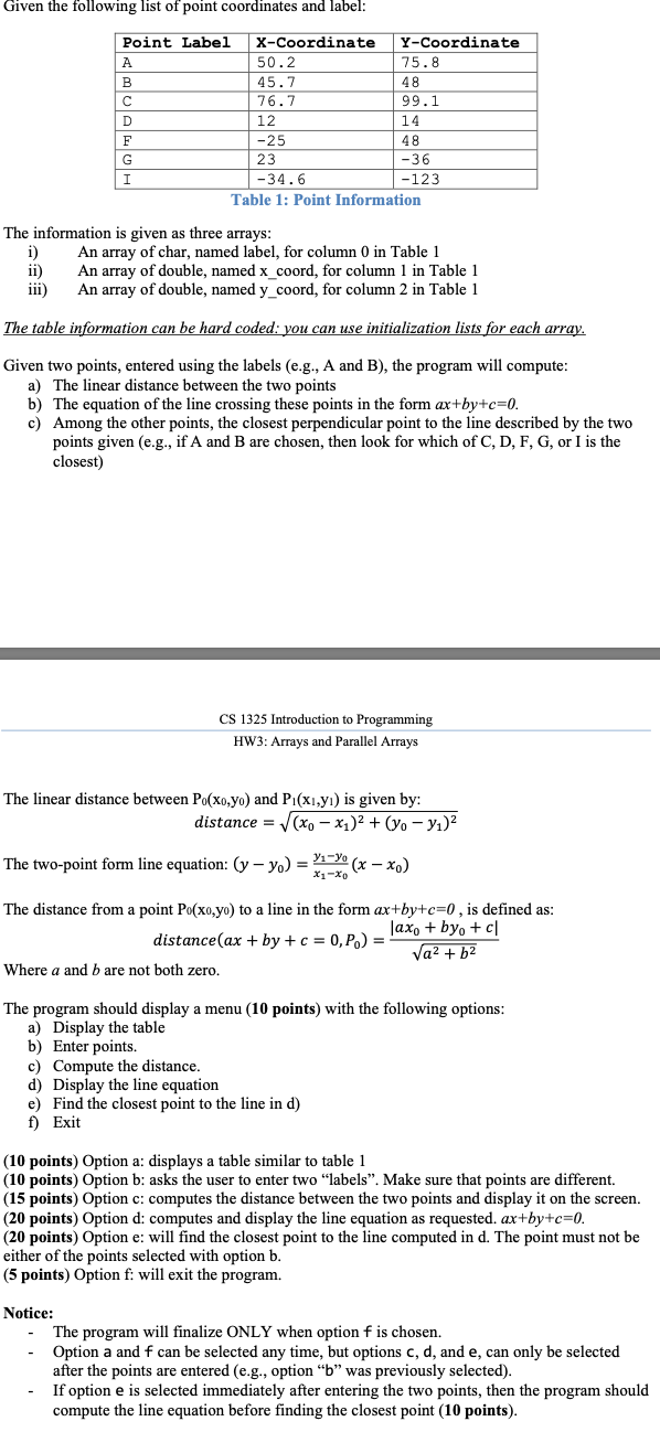 Solved Given the following list of point coordinates and | Chegg.com