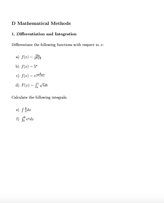 Solved D Mathematical Methods 1. Differentiation and | Chegg.com