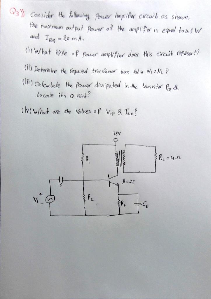 Q3)) Consider the following pouer Amplifier circuib | Chegg.com
