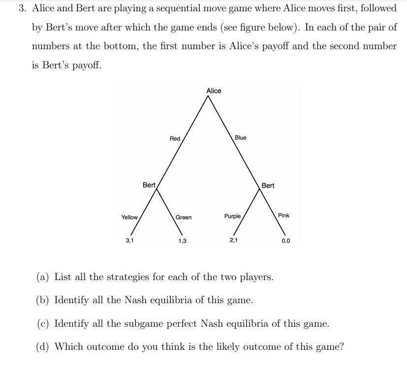 Solved 3. Alice and Bert are playing a sequential move game | Chegg.com