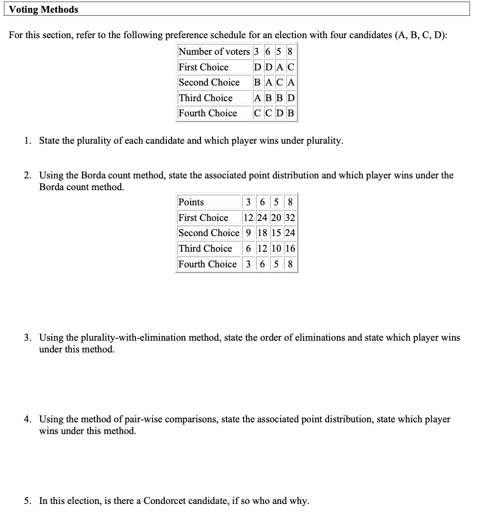 Solved Voting Methods For this section, refer to the | Chegg.com