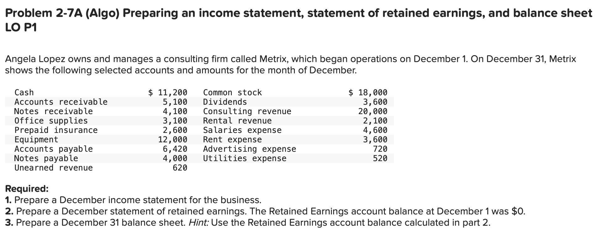 Solved Problem 2-7A (Algo) Preparing an income statement, | Chegg.com
