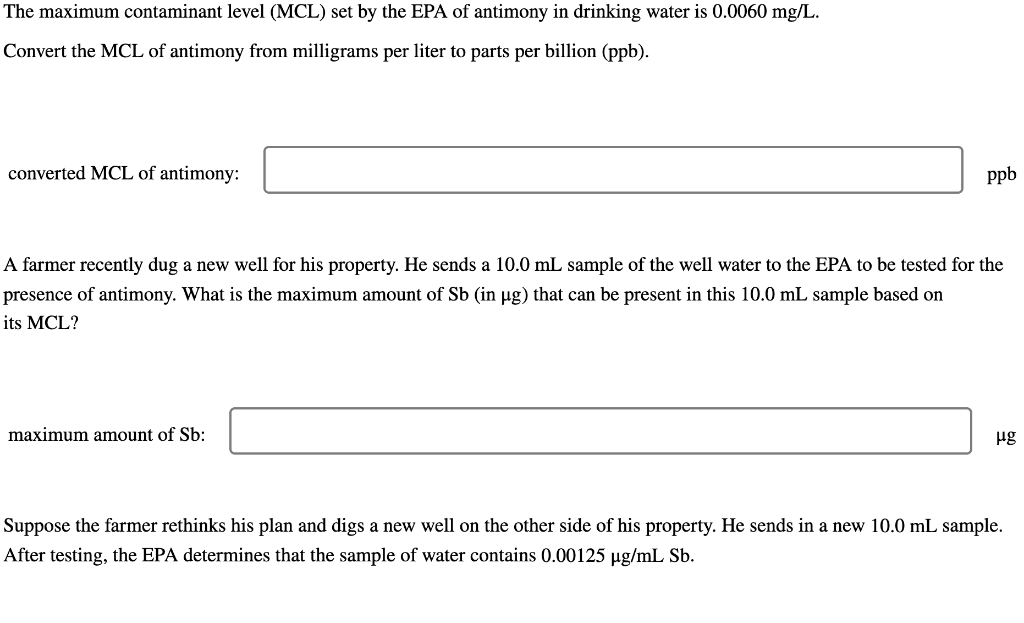 Solved The maximum contaminant level (MCL) set by the EPA of | Chegg.com