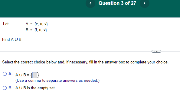 Solved Let A={c,u,x}B={f,u,x} Find A∪B. Select the correct | Chegg.com
