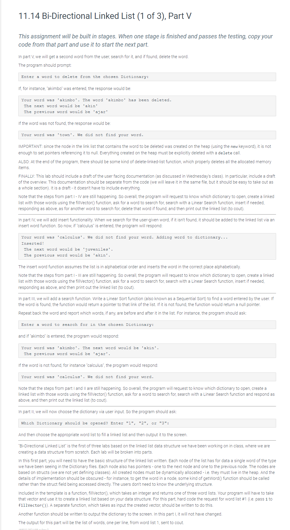 Solved 11.14 Bi-Directional Linked List (1 of 3), Part V | Chegg.com