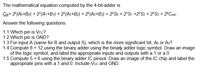 Solved Problem 1. Adder IC (74LS283) The circuit diagram and | Chegg.com