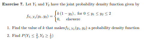 Solved Exercise 7. Let Y, and Y, have the joint probability | Chegg.com