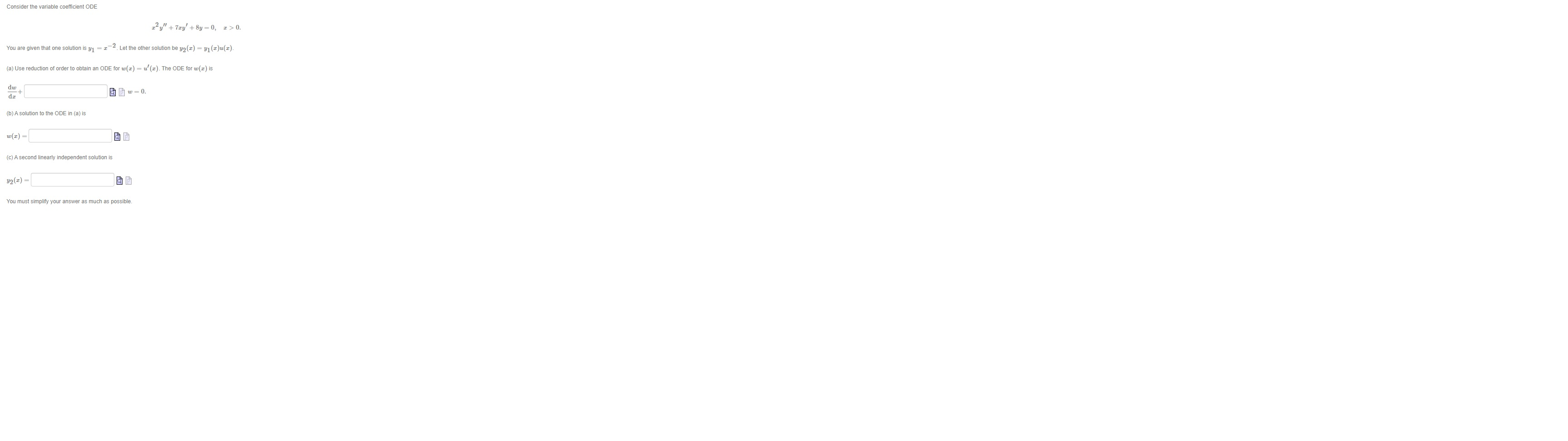 Solved Consider the variable coefficient ODE z?," + Tzy' | Chegg.com