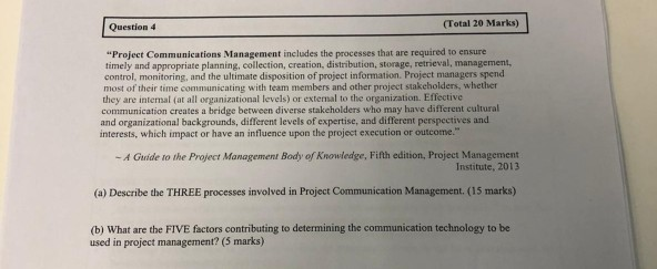 Solved Question 4 (Total 20 Marks) "Project Communications | Chegg.com