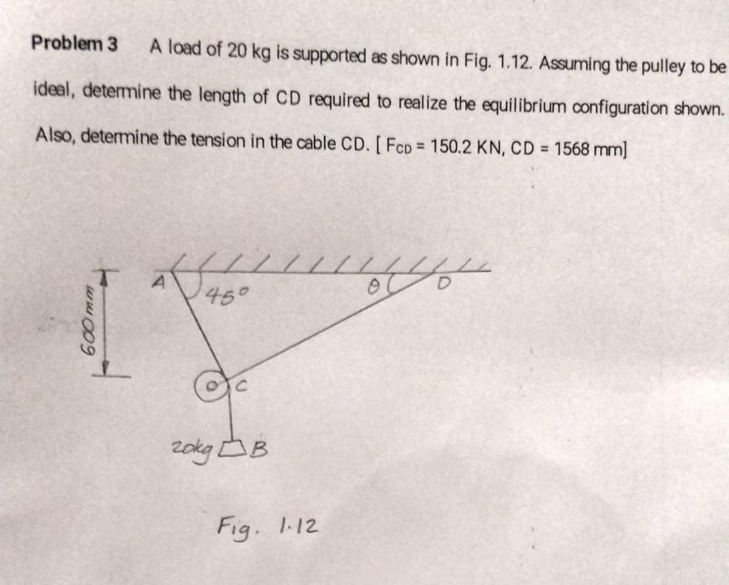 Solved Problem 3 A load of 20 kg is supported as shown in | Chegg.com