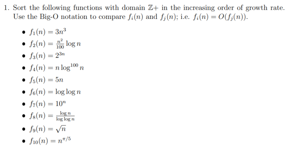 Solved 1. Sort the following functions with domain Z+ in the | Chegg.com