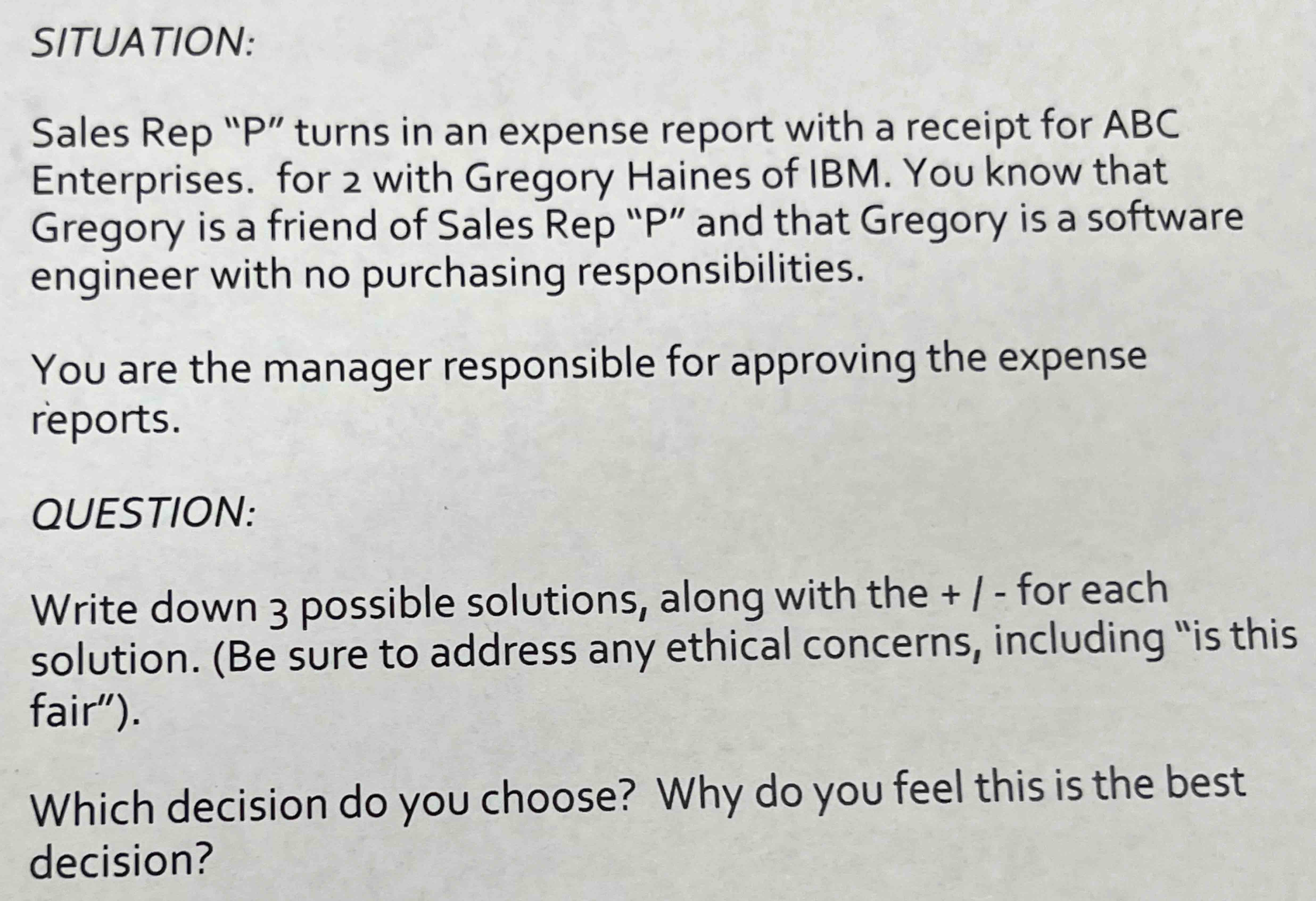 Solved SITUATION:Sales Rep "P" ﻿turns in an expense report | Chegg.com