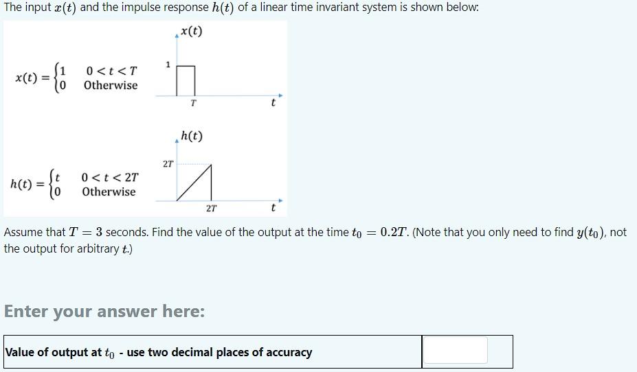 [Solved]: The input (t) and the impulse response h(t) of a