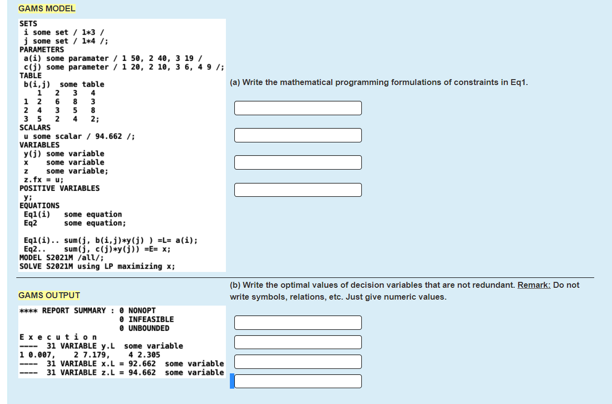 Gams Model A Write The Mathematical Programming 