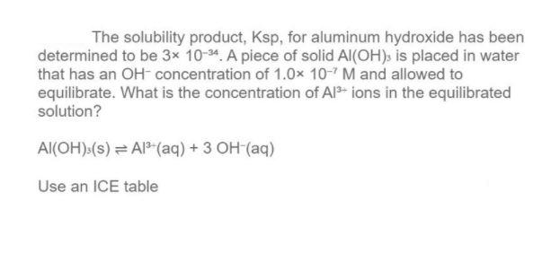 Solved The solubility product, Ksp, for aluminum hydroxide | Chegg.com