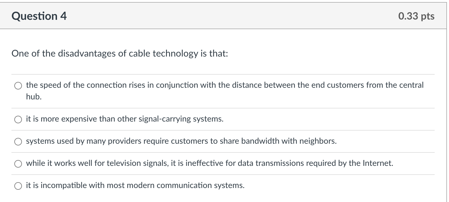 Solved One of the disadvantages of cable technology is that: | Chegg.com