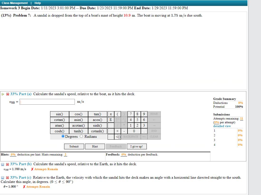 Solved (13\%) Problem 7: A sandal is dropped from the top of | Chegg.com