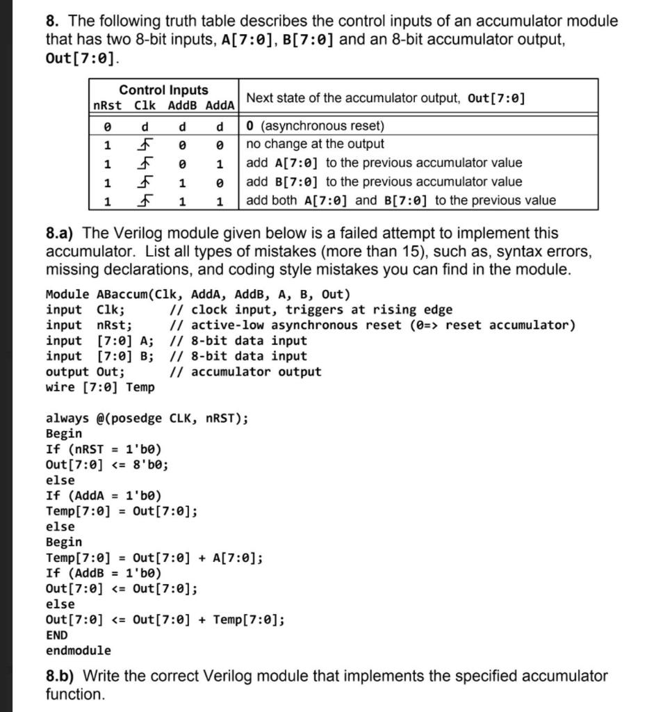 Solved 8. The following truth table describes the control | Chegg.com