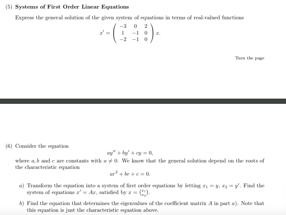Solved (5) Systems of First Order Linear Equations Express | Chegg.com