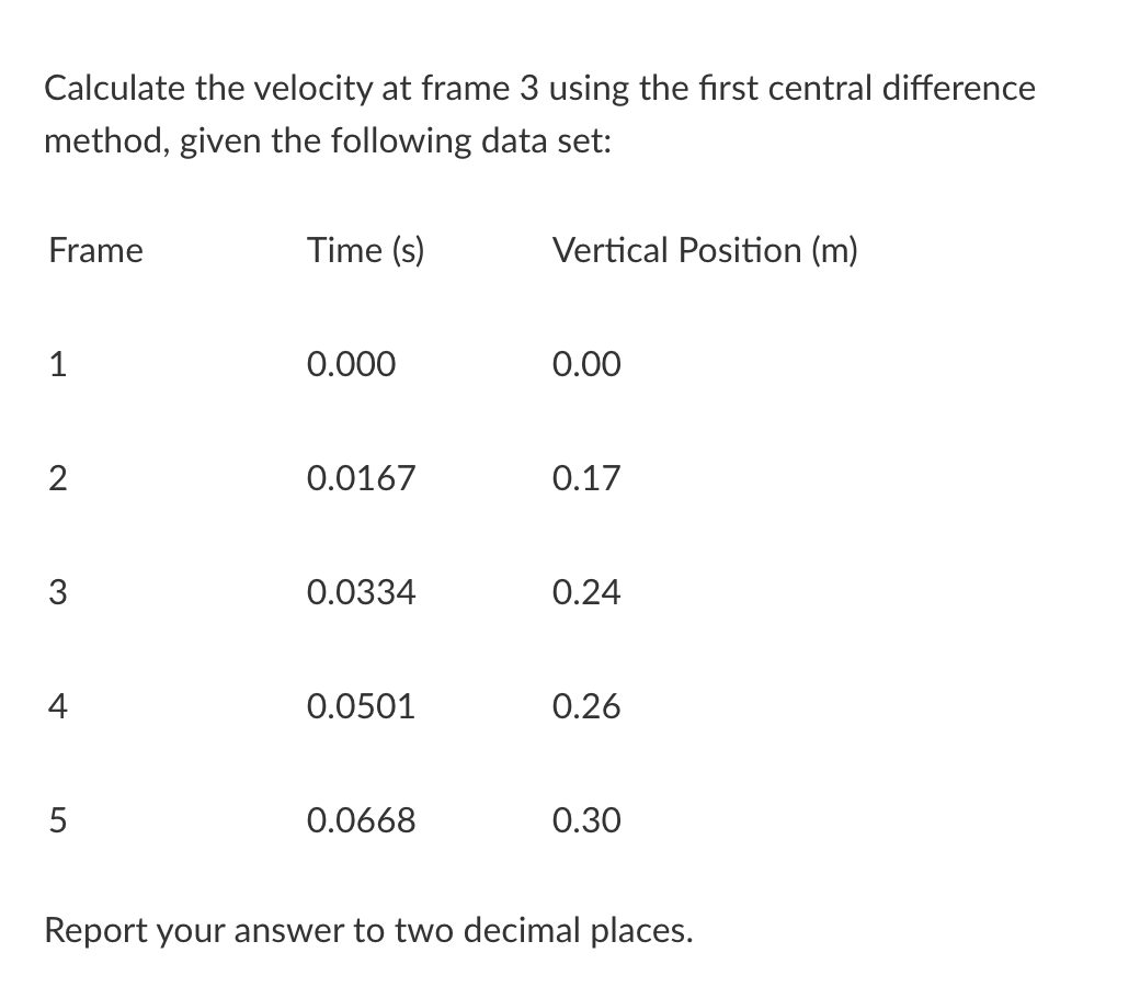 Solved Calculate the velocity at frame 3 using the first | Chegg.com