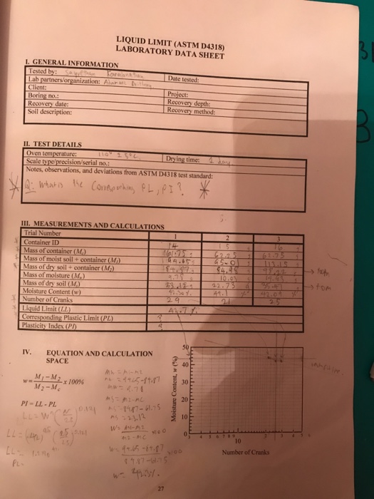 LIQUID LIMIT (ASTM D4318) LABORATORY DATA SHEET I. | Chegg.com