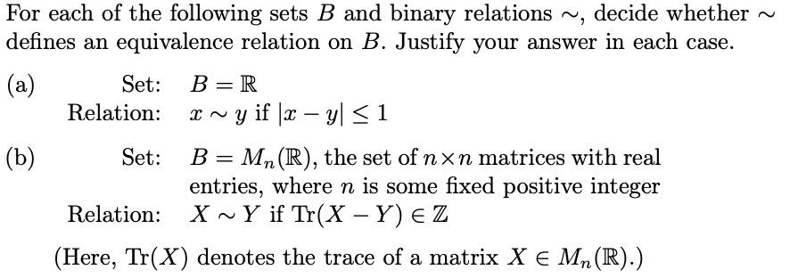 Solved For each of the following sets B and binary relations | Chegg.com
