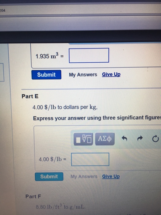 Solved 4.00 $/lb = Submit My Answers Give Part F 8.80 lb/ft3 | Chegg.com
