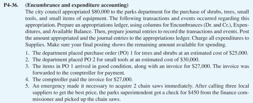 Solved P4-36. (Encumbrance and expenditure accounting) The | Chegg.com