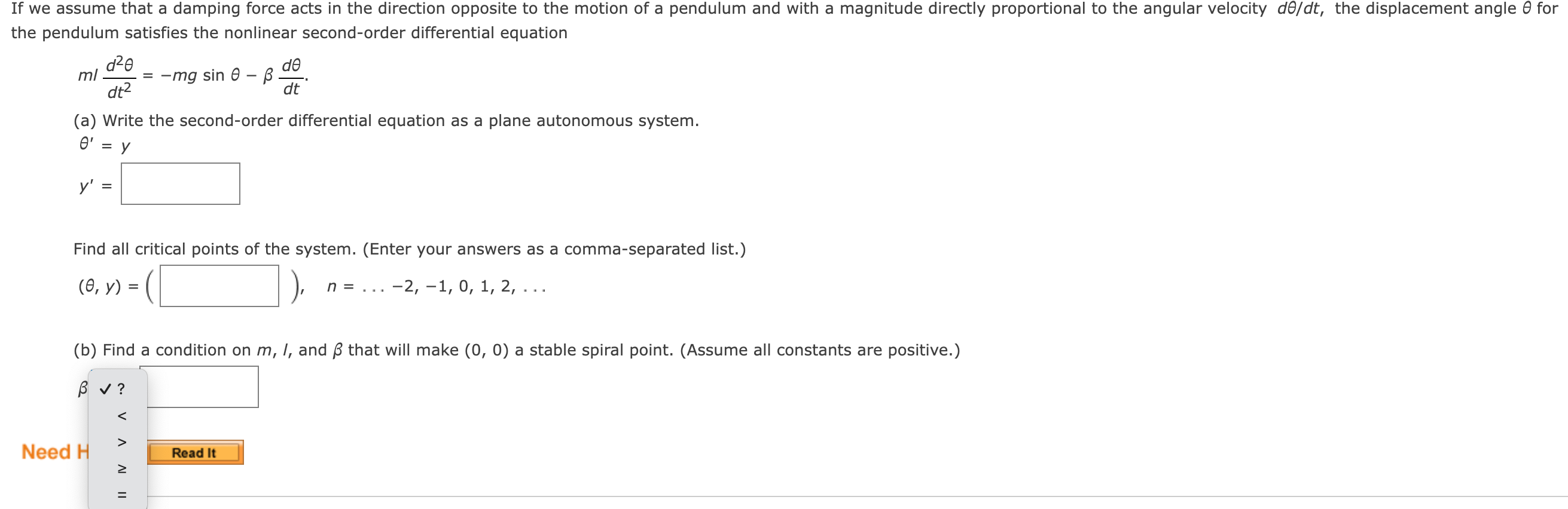 Solved The Pendulum Satisfies The Nonlinear Second Order