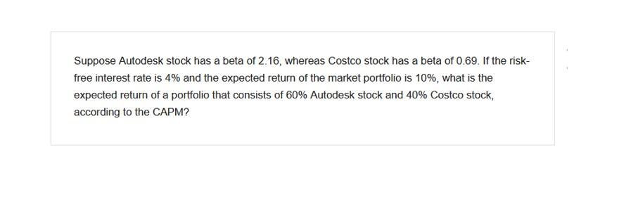 Solved Suppose Autodesk stock has a beta of 2.16, whereas | Chegg.com