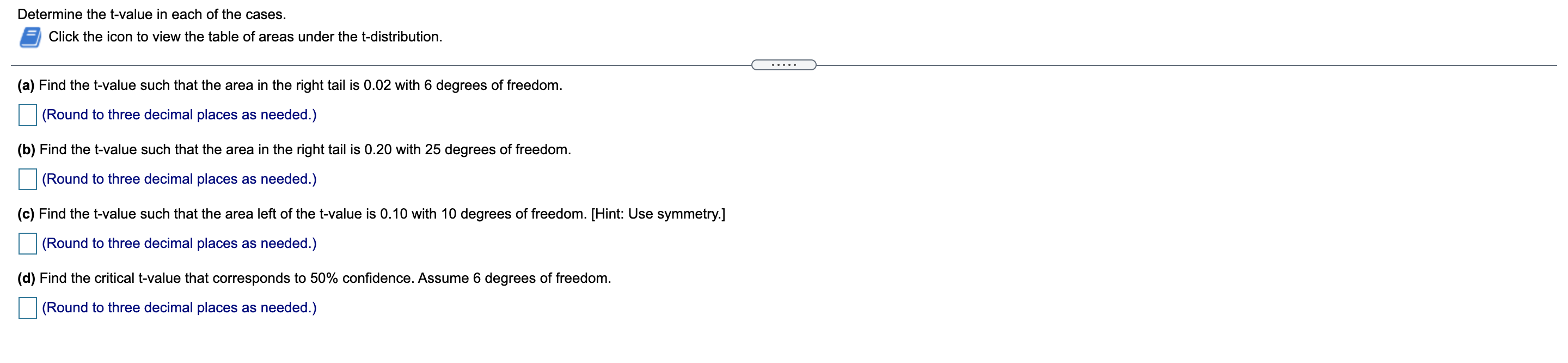 Solved Determine the t-value in each of the cases. Click the | Chegg.com