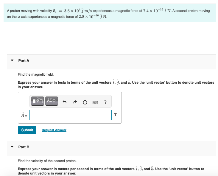 Solved A proton moving with velocity v1=3.6×104j^ m/s | Chegg.com