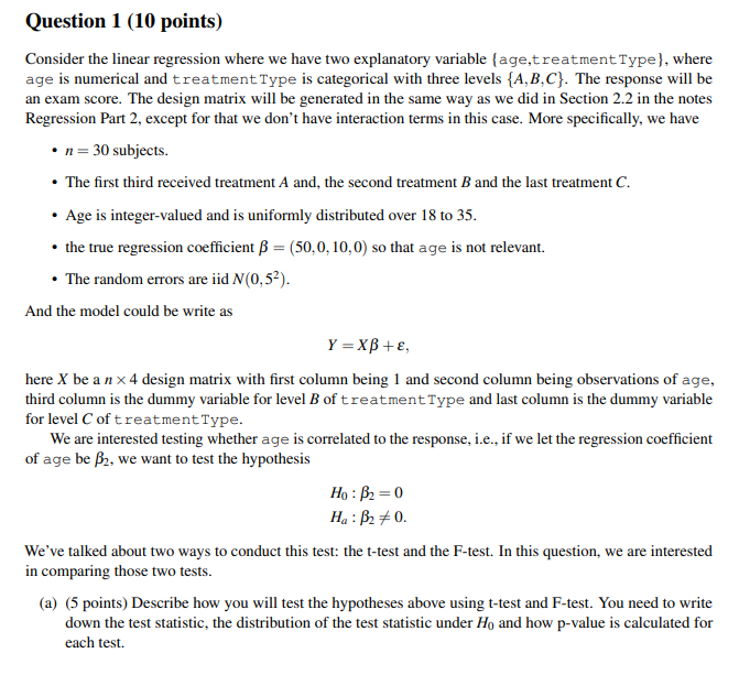 Question 1 (10 points) Consider the linear regression | Chegg.com