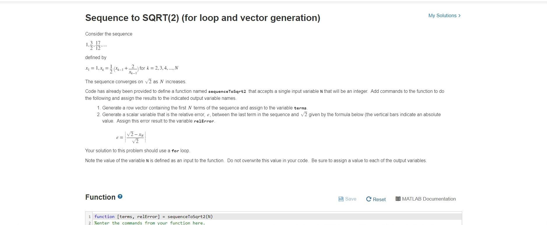 Solved My Solutions Sequence To Sqrt2 For Loop And Vector 