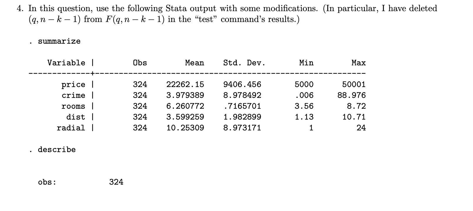 Solved 4. In this question, use the following Stata output | Chegg.com