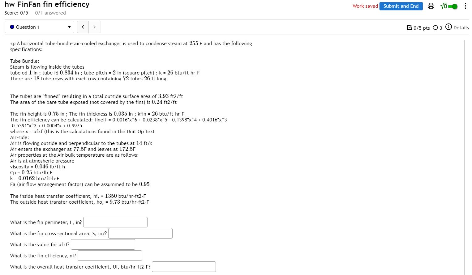 Solved hw FinFan fin efficiency Score: 0/5 0/1 answered Work | Chegg.com