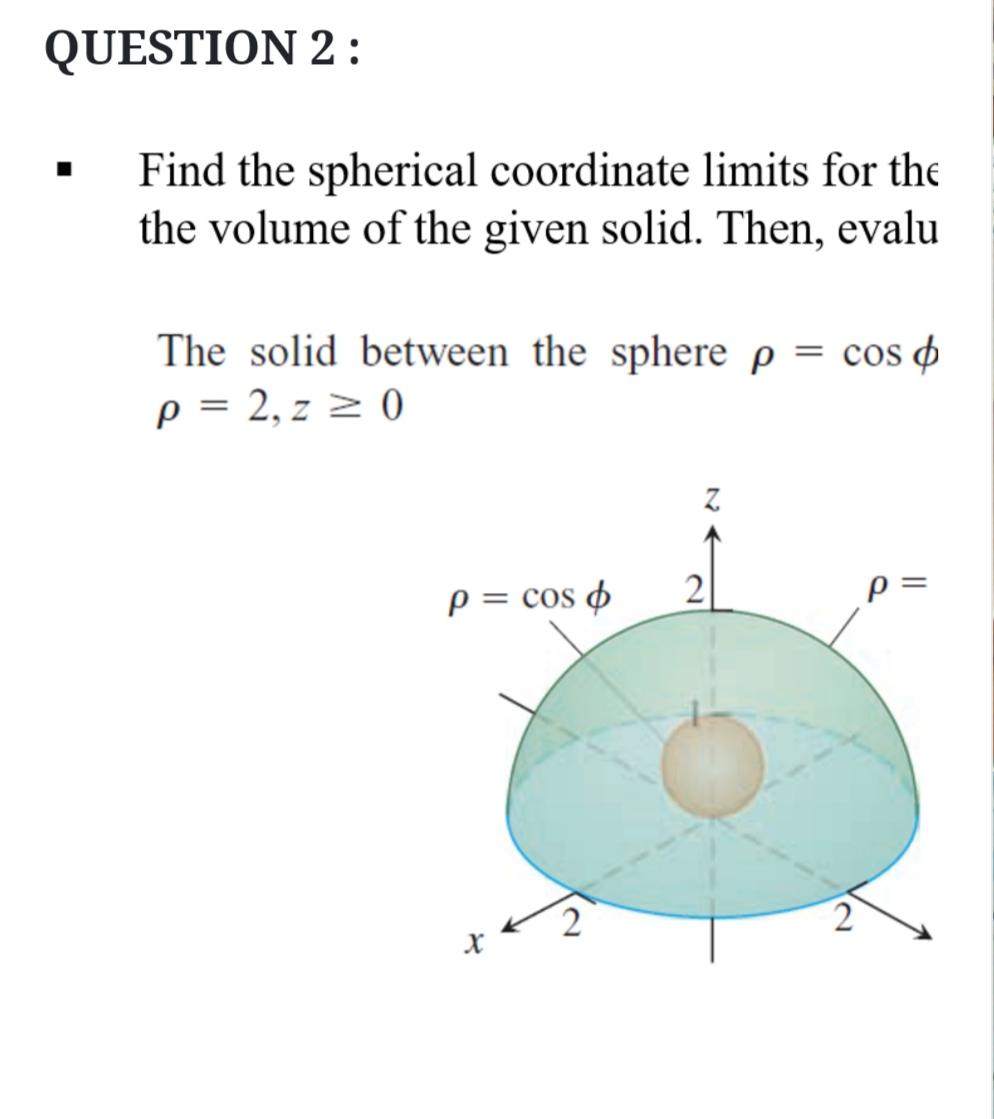 Solved QUESTION 2: Find the spherical coordinate limits for | Chegg.com