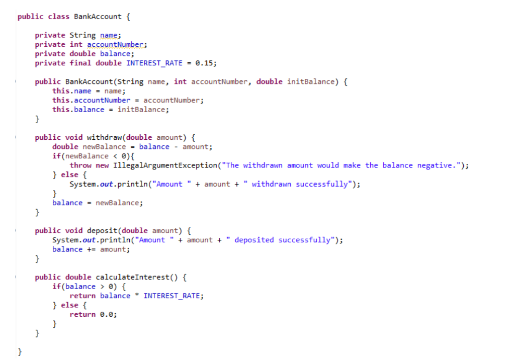 Solved Given the following BankAccount class, write a | Chegg.com