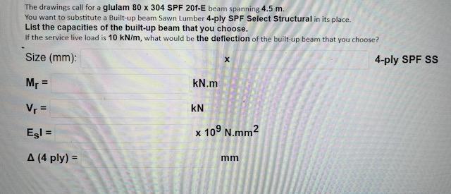 Solved The drawings call for a glulam 80×304 SPF 20f−E beam | Chegg.com