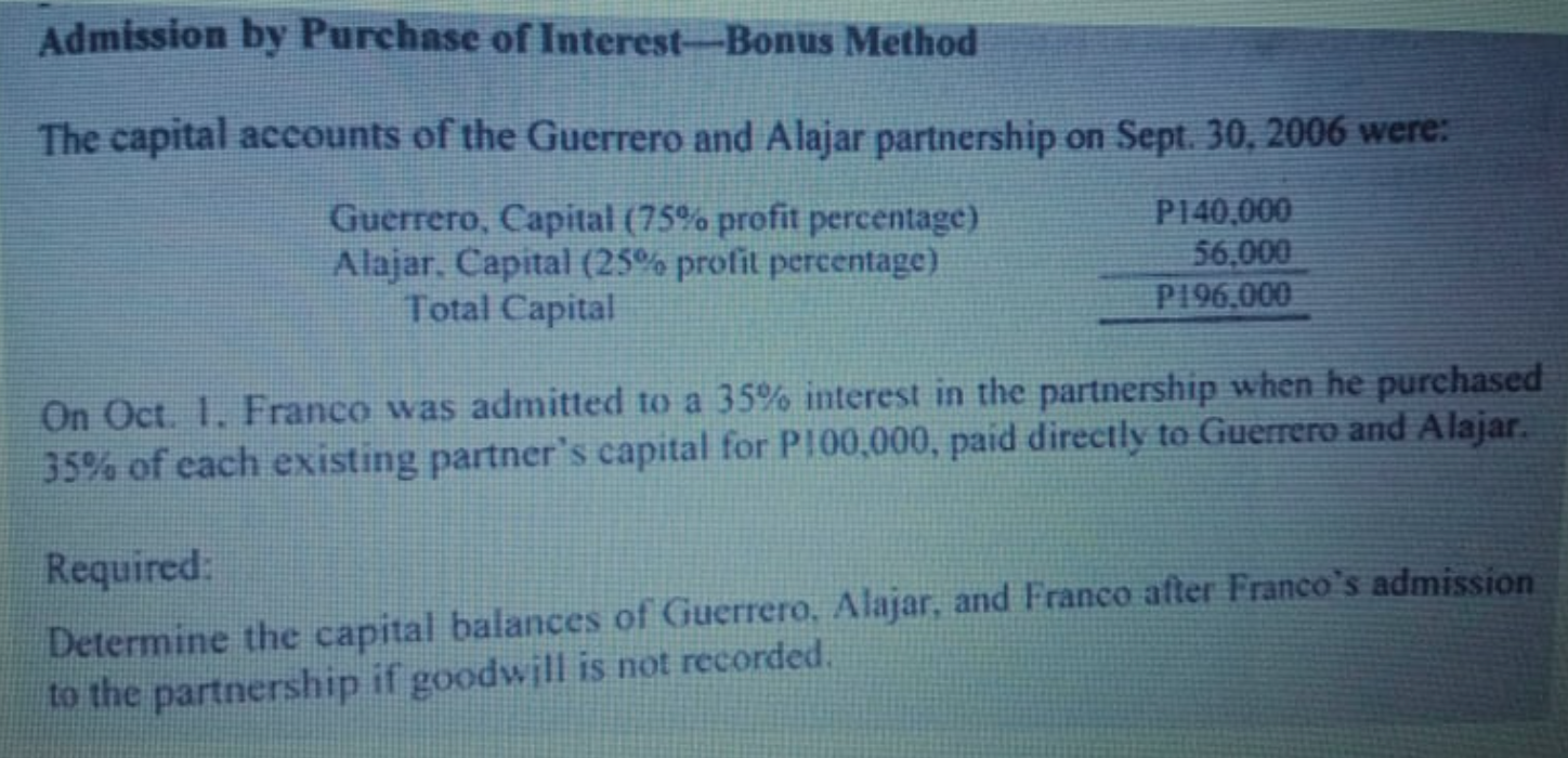 Solved Admission by Purchase of Interest Bonus Method The | Chegg.com